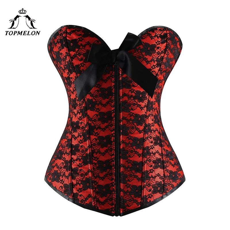 Topmelon Bustier Top Red And Black Corset Floral Front Zipper Corsets