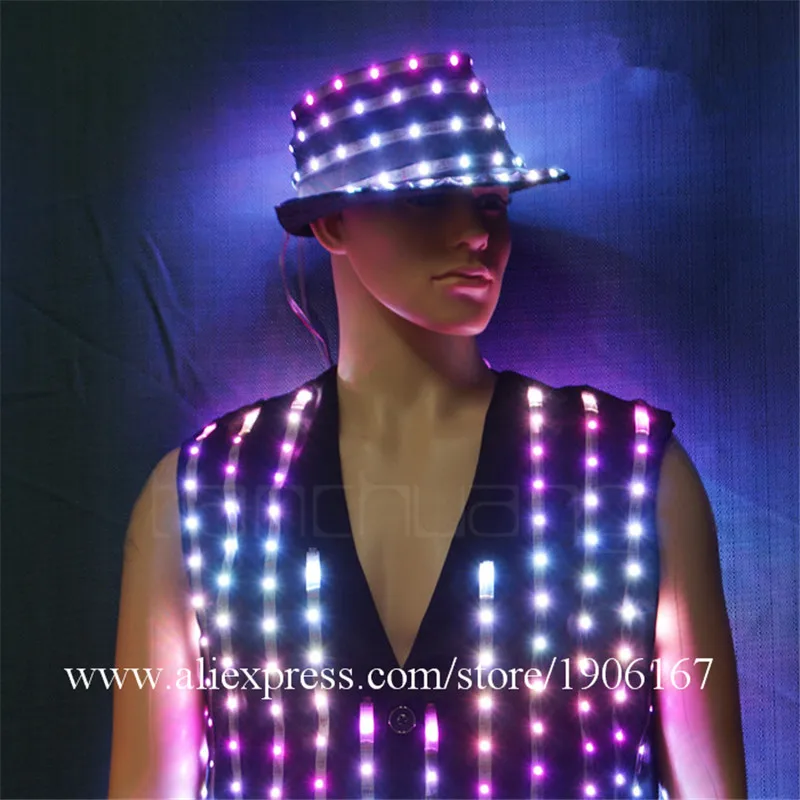 Full Color Led Luminous Costumes Vests Performance Glowing Hat Stage