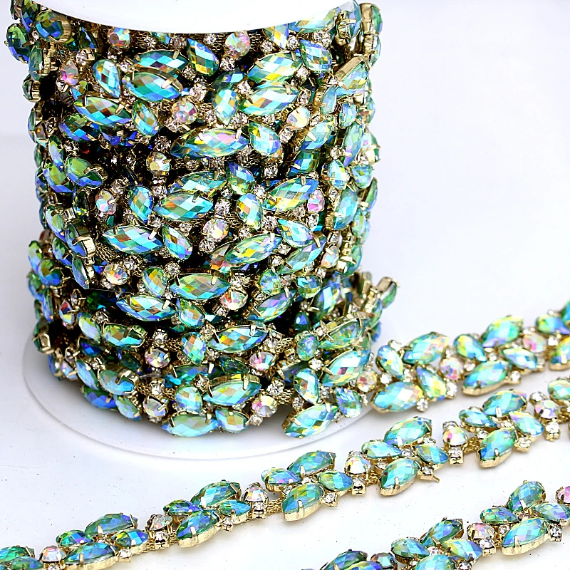 20mm 1 Yard Green AB Color Glass Strass Rhinestones Cup Chain Claw ...