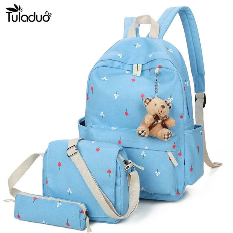 3pcset Canvas Floral Printing Backpack Women School Bags For Teenage Girls Cute Book Bags