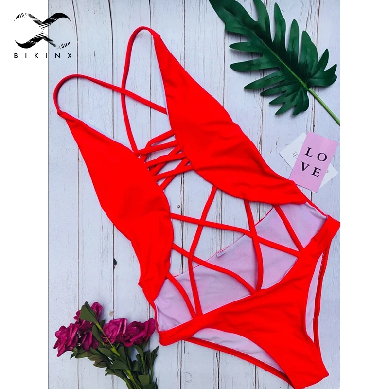 Bikinx Red bikinis 2019 mujer bandage 1 piece swimsuit push up swimwear ...
