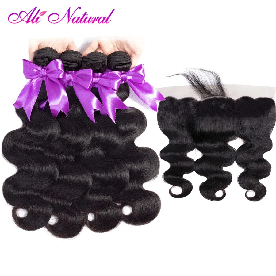 Ali Natural Hair Human Hair Body Wave Bundles With Frontal Natural Color Body Wave Bundles With