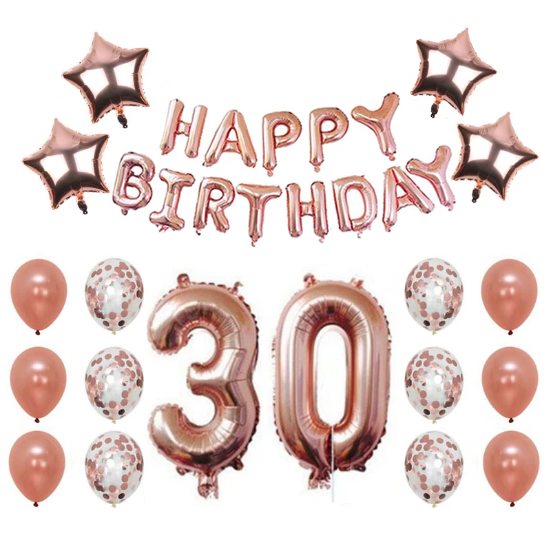 Feliz cumpleaños Rosa Banner Rosa número dorado globos, número 30 ...