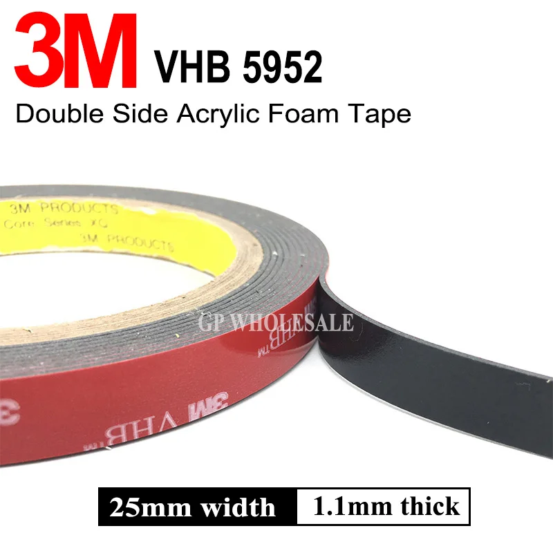 3M VHB 5952 Black Heavy Duty Mounting Tape Double Sided Adhesive Acrylic Foam Tape 25mmx3Mx1.1mm ...