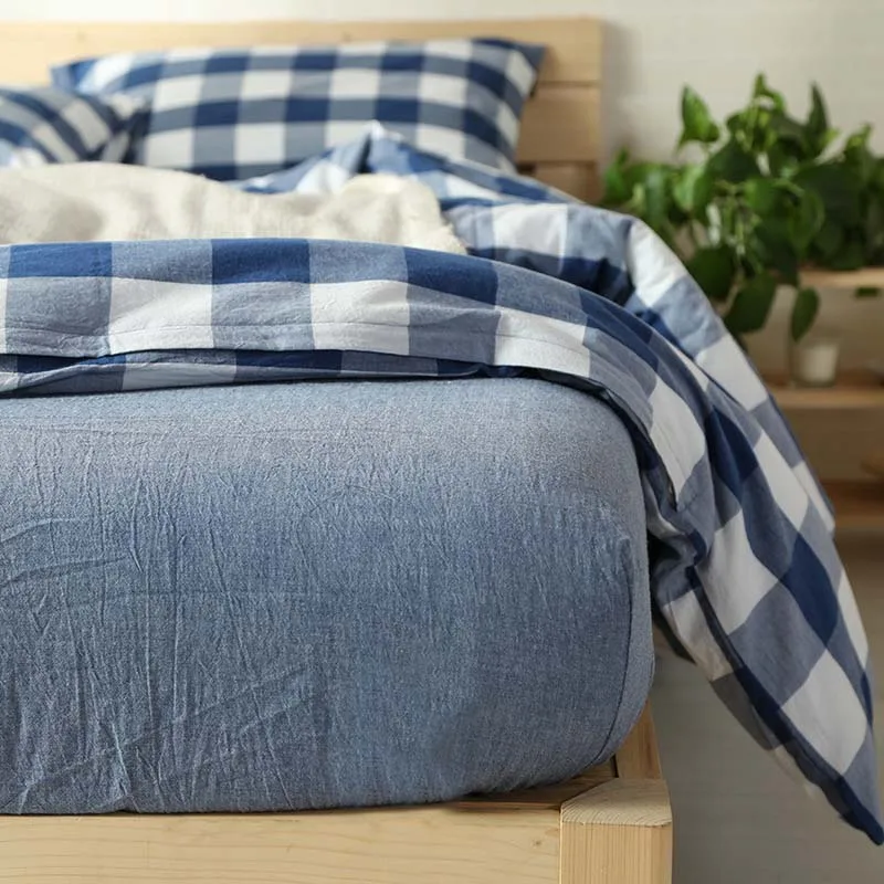 100% Cotton Linen Blue Navy Checks Plaid 4feet 5feet 6feet Bedding Set ...