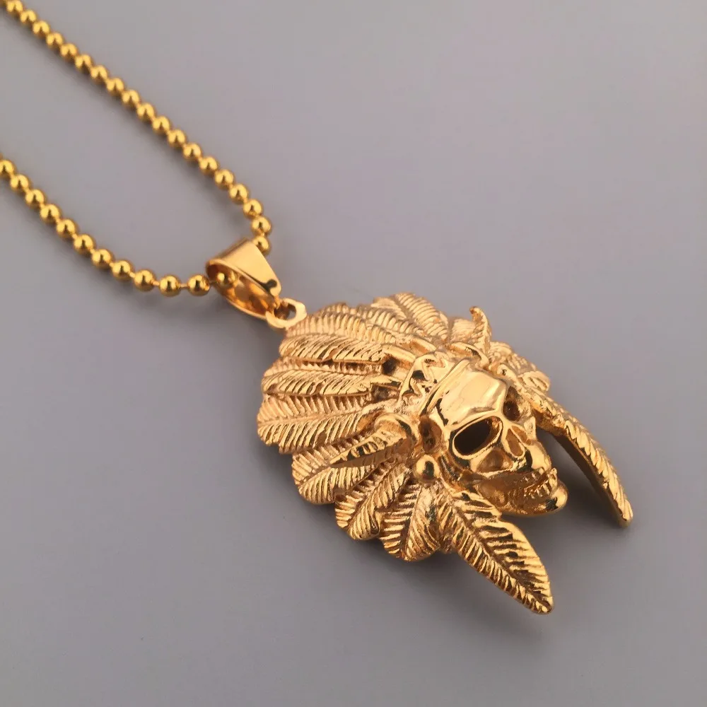 NEW Good Golden Tribal Chief Pendant Necklace Ball Chain Skull Pendant ...