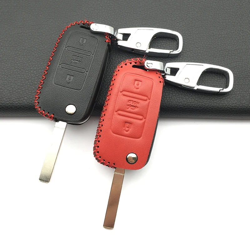 3 Buttons 100% Leather Car Flip Key Cover Remote Fob Holder Case Shell ...