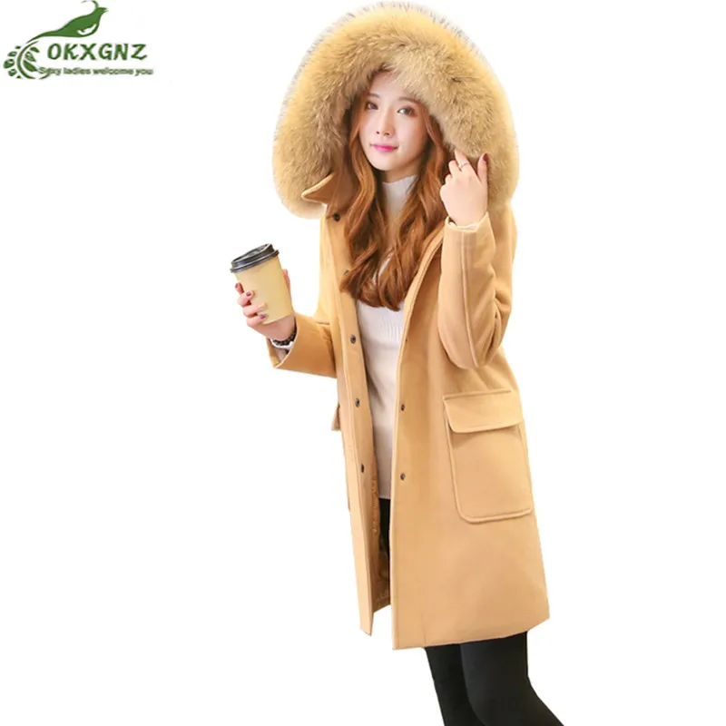 Fashion Autumn Woolen Coat Feminine Coat Medium Long Korean Hooded Fur