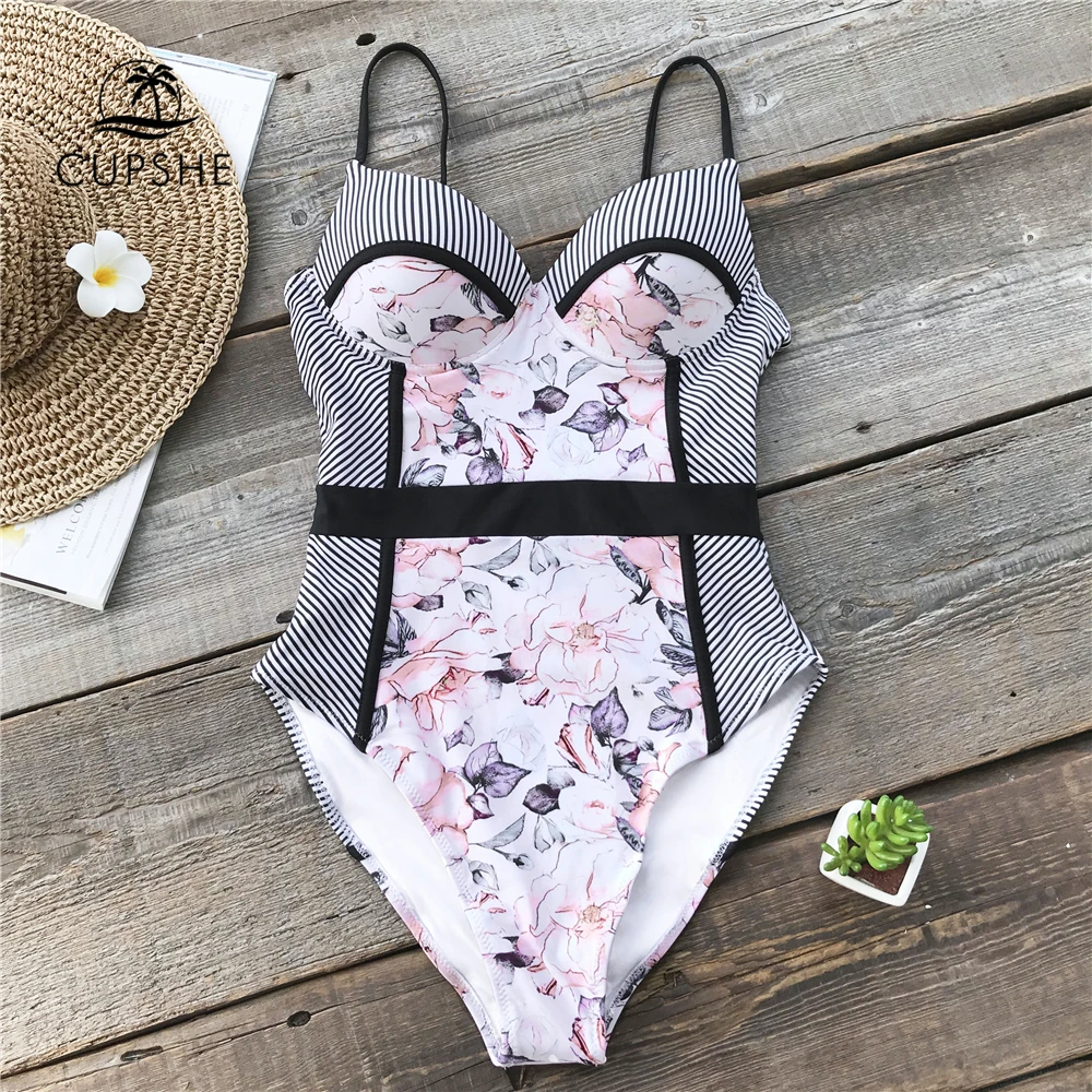Cupshe Pink Floral And Stripe One Piece Swimsuit Women Push Up High Leg