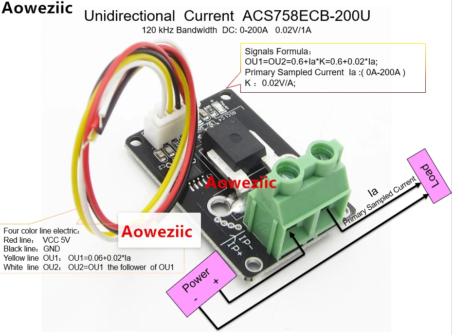 Aoweziic Unidirectional DC Current Sensor module ACS758ECB 200U ...