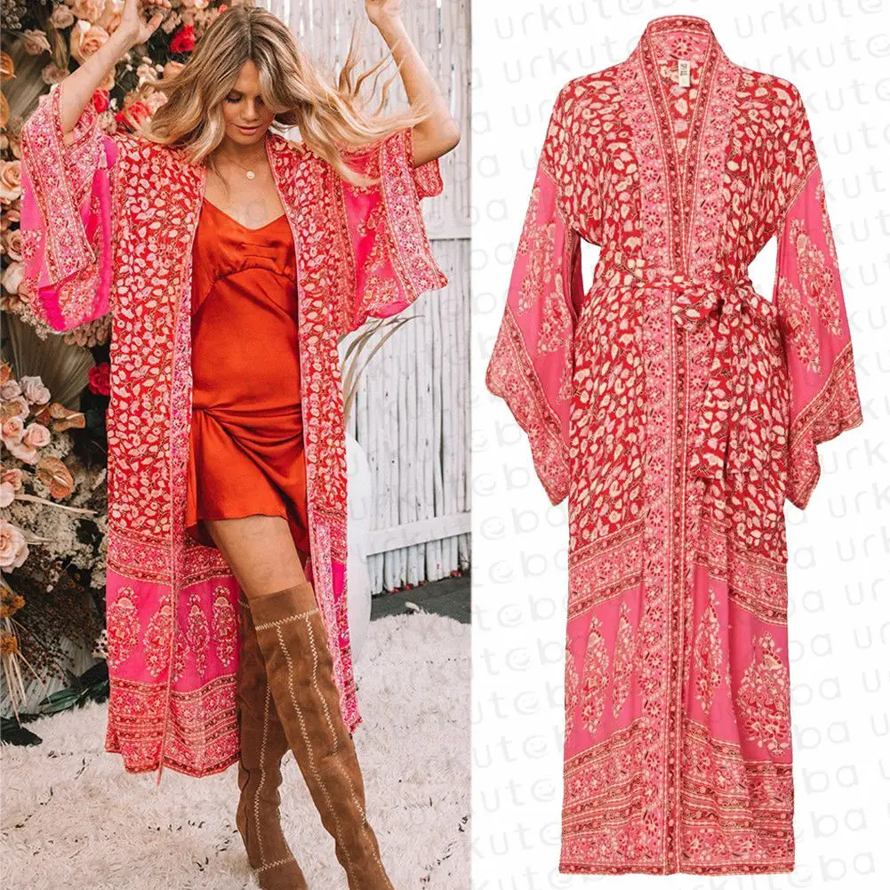 Women Chiffon Bikini Cover Up Cardigan Wrap Red Lace Up Top Long Dress