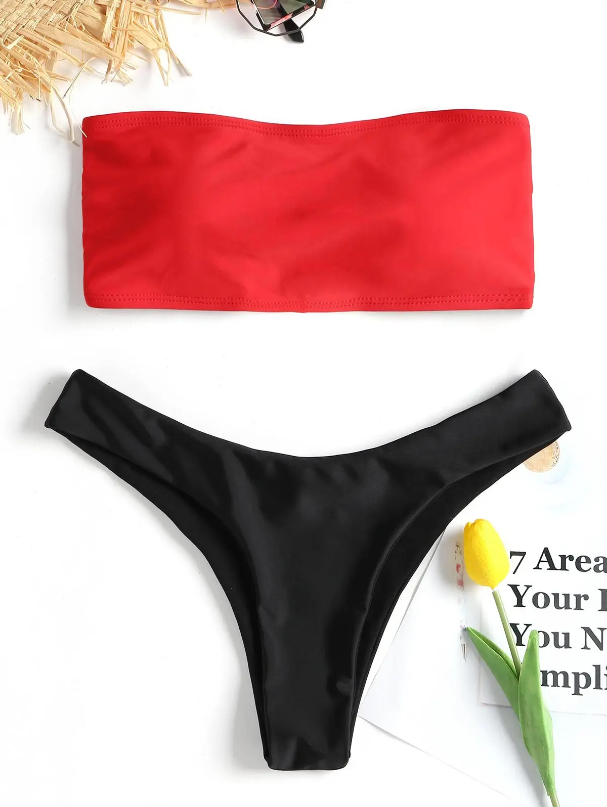 Zaful Lace Up High Cut Bandeau Bikini Set Strapless Womens Swimsuit
