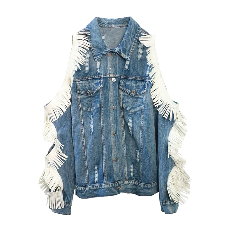 Melinda Style 2018 new women denim jacket tassel decorated off shoulder ...