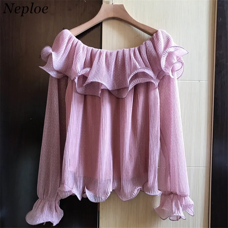 Neploe Slash Neck Mesh Vintage Elegant Female Top Solid Ruffles Women ...