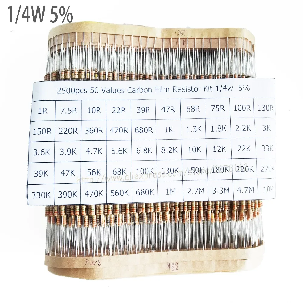 2500pcs/lot 1/4W 0.25w 5% Carbon Film Resistor Kit 50 Values Assortment ...