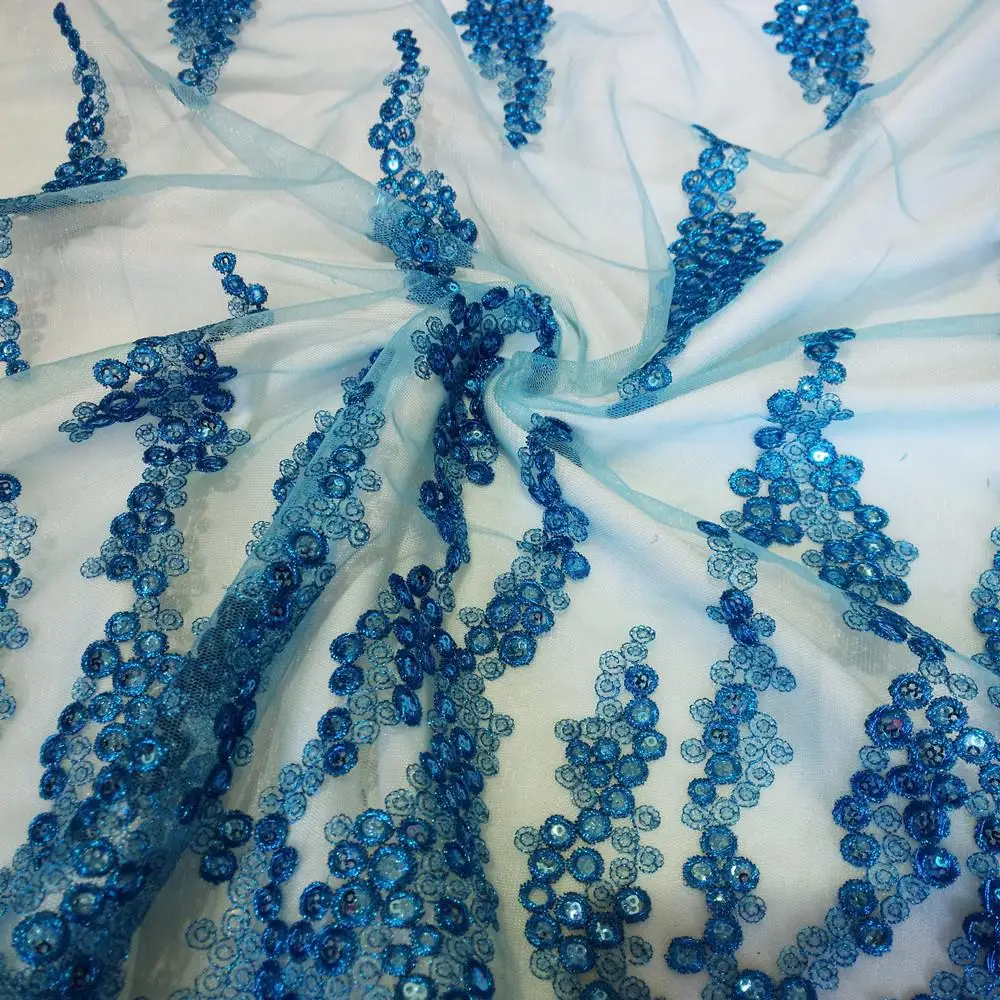 Sky blue circle embroidery lace fabric mesh sequined cheongsam dress ...