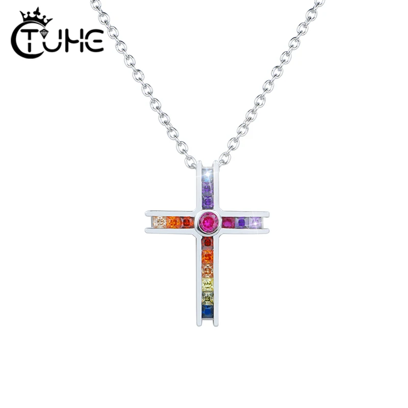 Sold Filled 925 Sterling Silver Pave AAA CZ Tiny Rainbow Cross Pendant ...