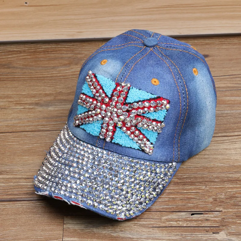 women blue bling Rhinestone Diamond Union Jack England UK flag denim ...