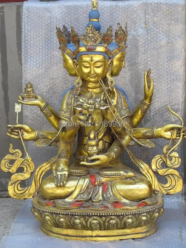 32"Tibet buddhist Bronze gild 3 head 8 hand Amitayus Amitabha Buddha ...