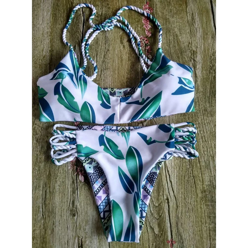 Female Swimwear Hand Knit Rope Bathing Suits Swimming Leaves Low Waist