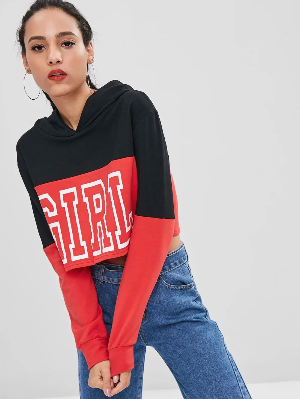 Graphic Patchwork Women Two Tone Hoodies Long Sleeves Pullovers ...