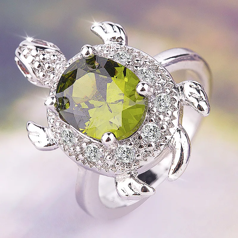 Female Big Olive Green Turtle Ring Retro Silver Color Crystal Zircon ...
