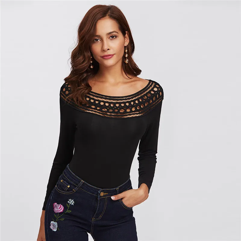 Black Hollow Out Shoulder Solid Night Sexy Skinny Bodysuit Scoop Long ...