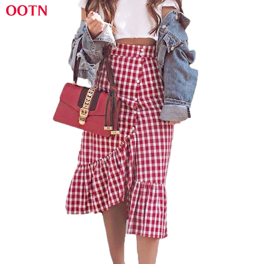 Ootn Check Gingham Midi Skirt Women Red White Plaid Empire Long Skirts ...