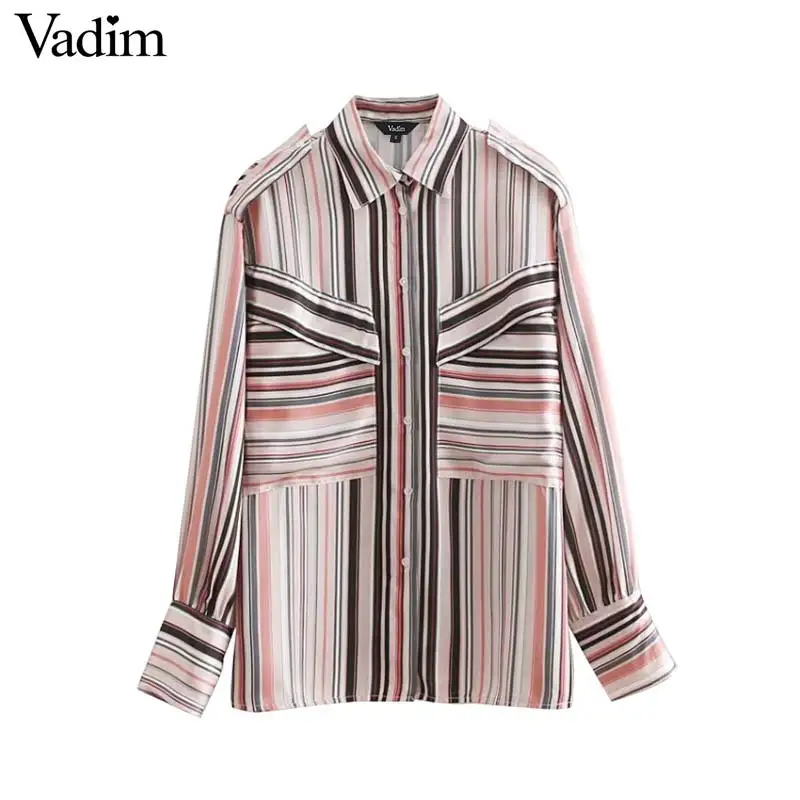 Vadim women chic striped loose blouse pockets long sleeve turn down ...