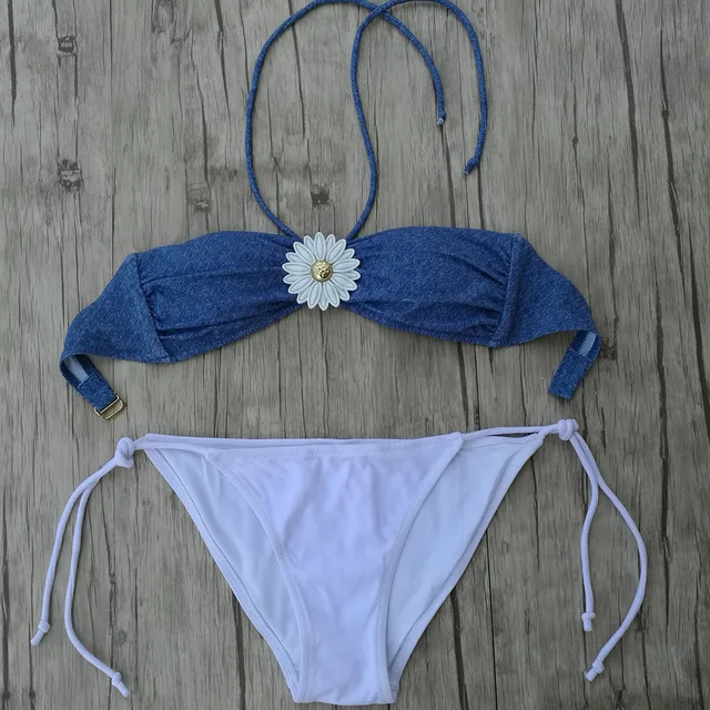 Women Denim Blue Crystal Diamond Bikini Set Swimwear Brazilian Sexy