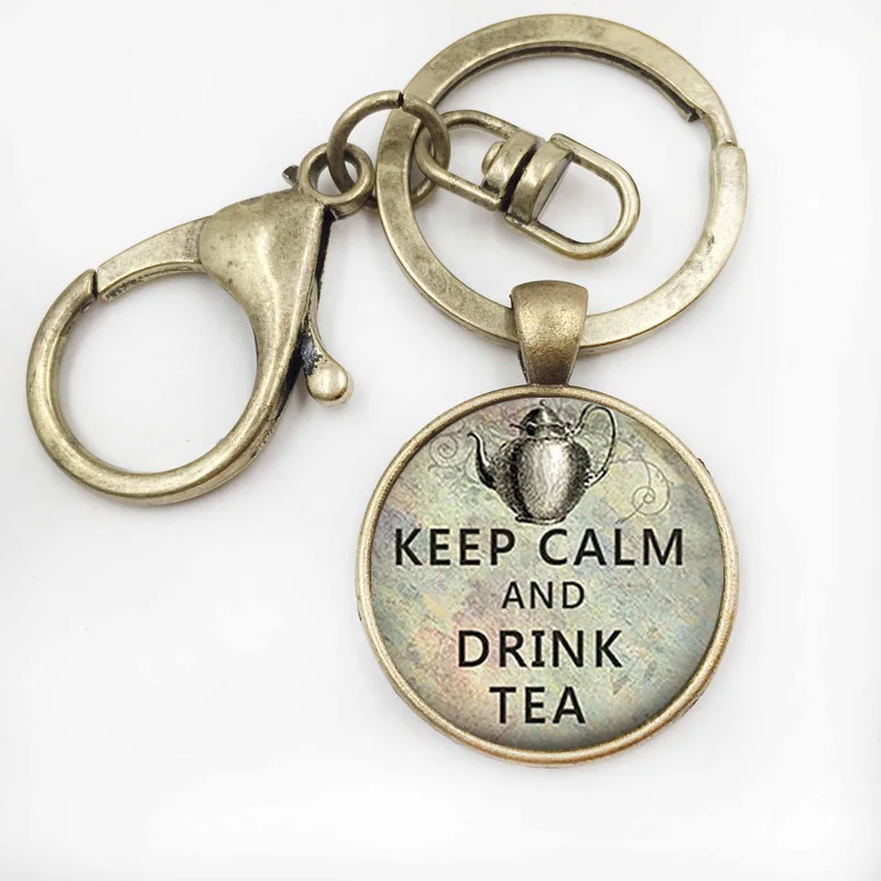 Keep Calm & Drink Tea Glass Metal Key Rings Glass Dome Keychains ...