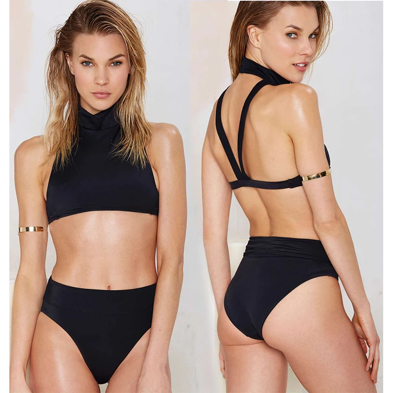 2019 High Waist New Style Solid Bikinis Set Hanging Neck Push Up