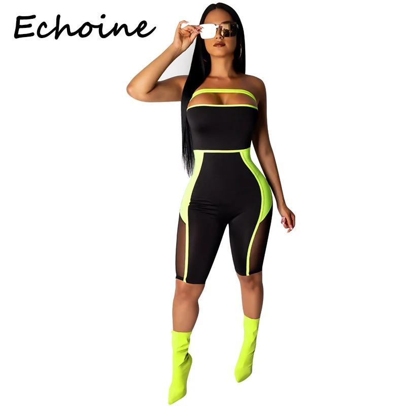 Echoine Off Shoulder Jumpsuit Sheer Mesh Patchwork Strapless Slinky
