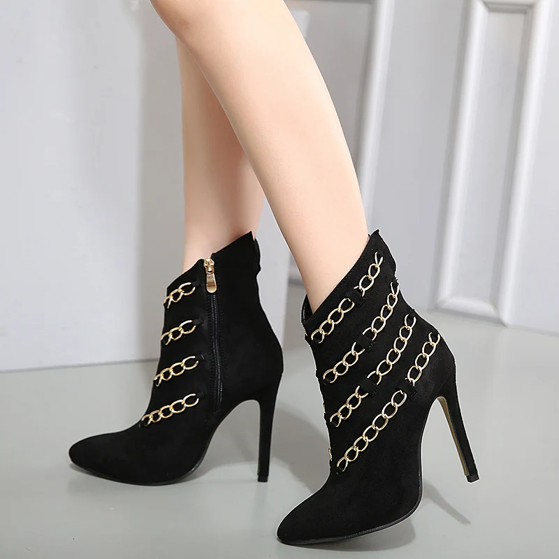 2016 New Point Toe Winter Ankle High Heels Flock Women Boots With Plush