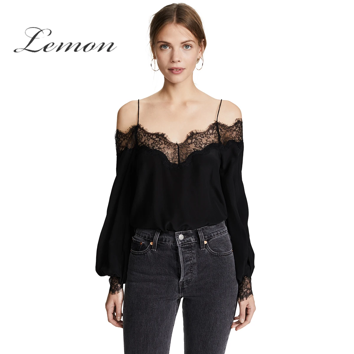 Lemon Lace Spaghetti Strap Graceful Blouse Sexy Backless Long V neck ...