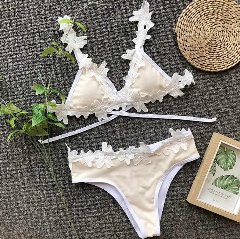 Hot Sexy Bikini Lace Halter Top Triangle Swimsuit Mesh White Swimwear ...