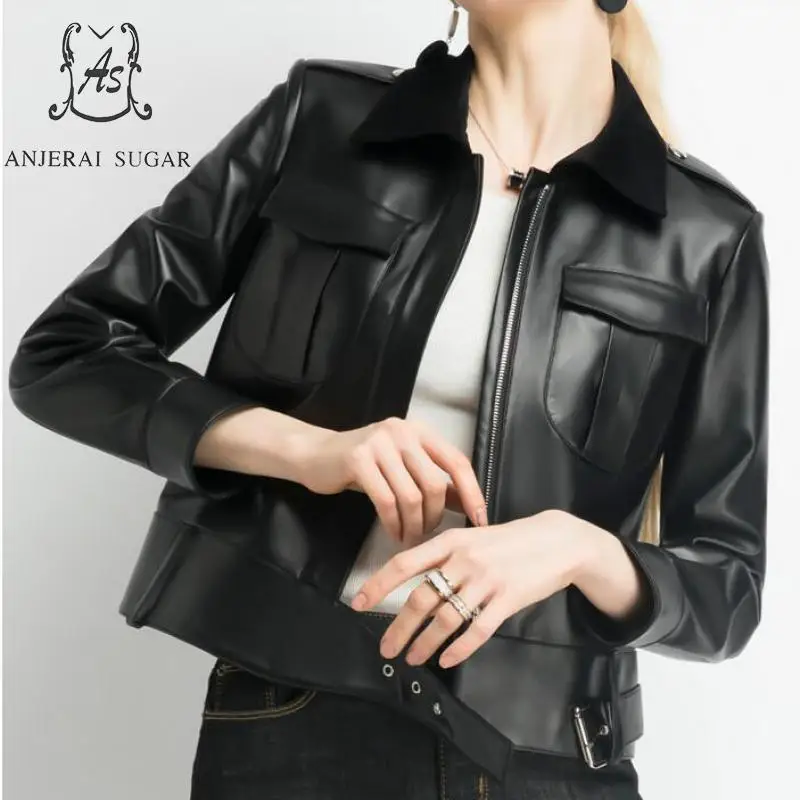 Autumn winter sheepskin genuine leather jacket women black Velvet ...
