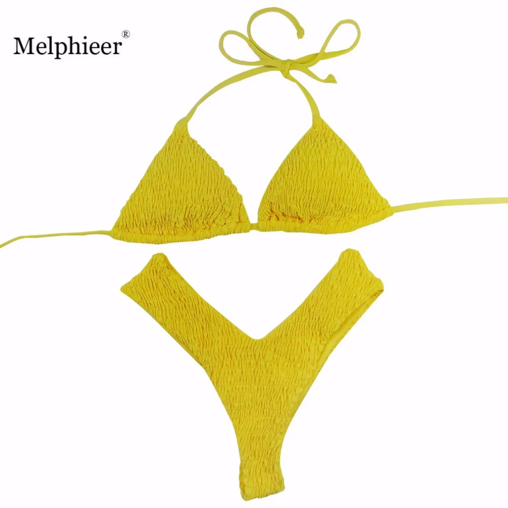 Thong Bikini Red Grey Yellow Bikinis Women Wrinkled Swimsuit Female