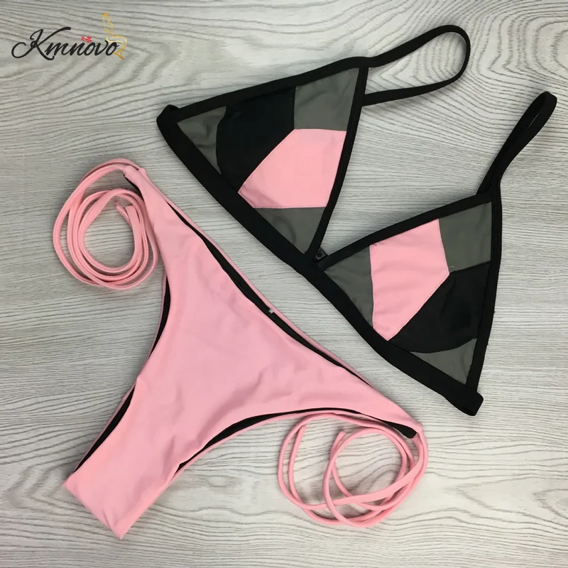 Kmnovo Brand 2017 Sexy Patchwork Bikin Pink Swimsuit Swimwear Women
