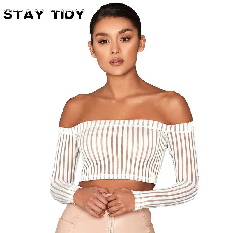 Stay Tidy White Striped Slash Neck Long Sleeve T Shirt Women Tops 2017