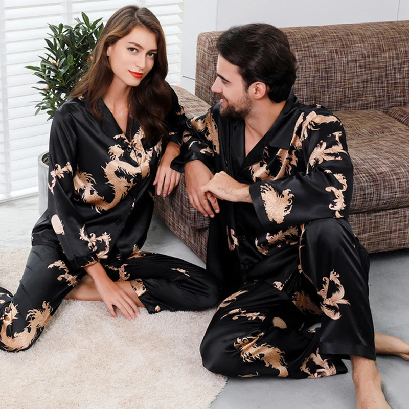 Couple Silk Satin Pajamas Pyjamas Set Long Sleeve Sleepwear Pijama ...