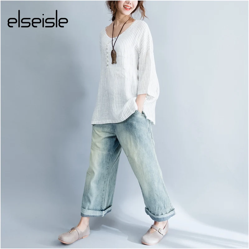 Elseisle Linho Blusa Listrada Camisa Mulheres Tarja Boho Hippie Camisa ...