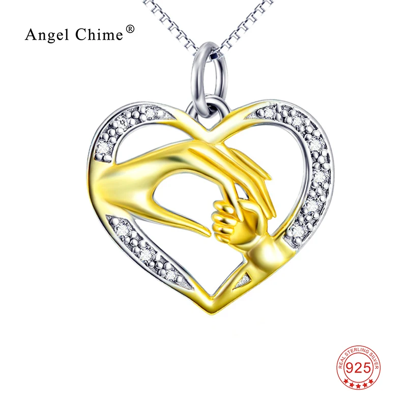 Mom And Child Hand In Hand Gold Pendant Pure 925 Sterling Silver ...