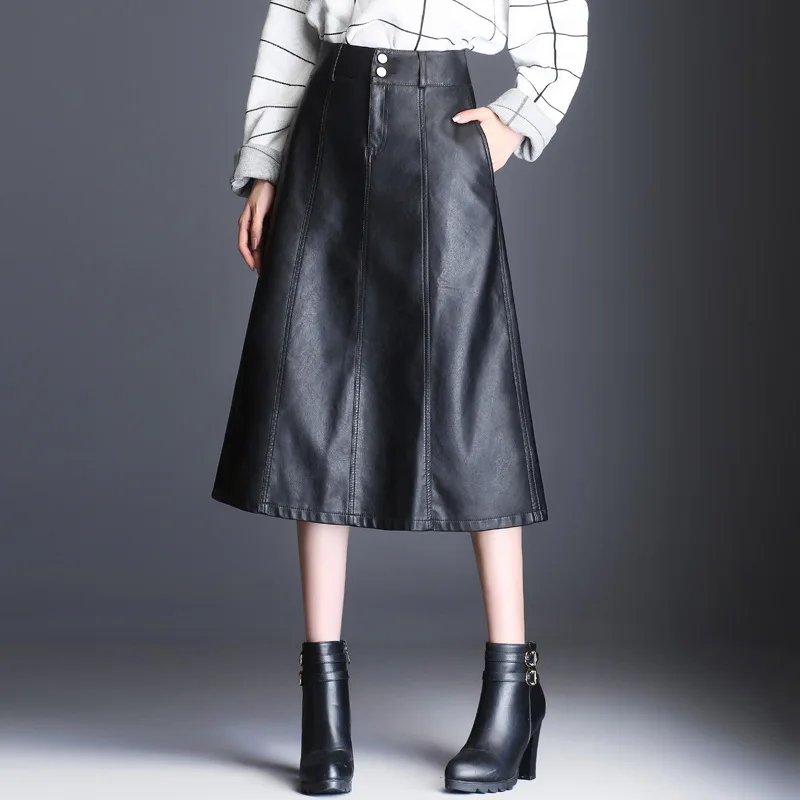 Female Pu Skirts 2017 Autumn Winter New Leather Skirt A Word Skirt Long