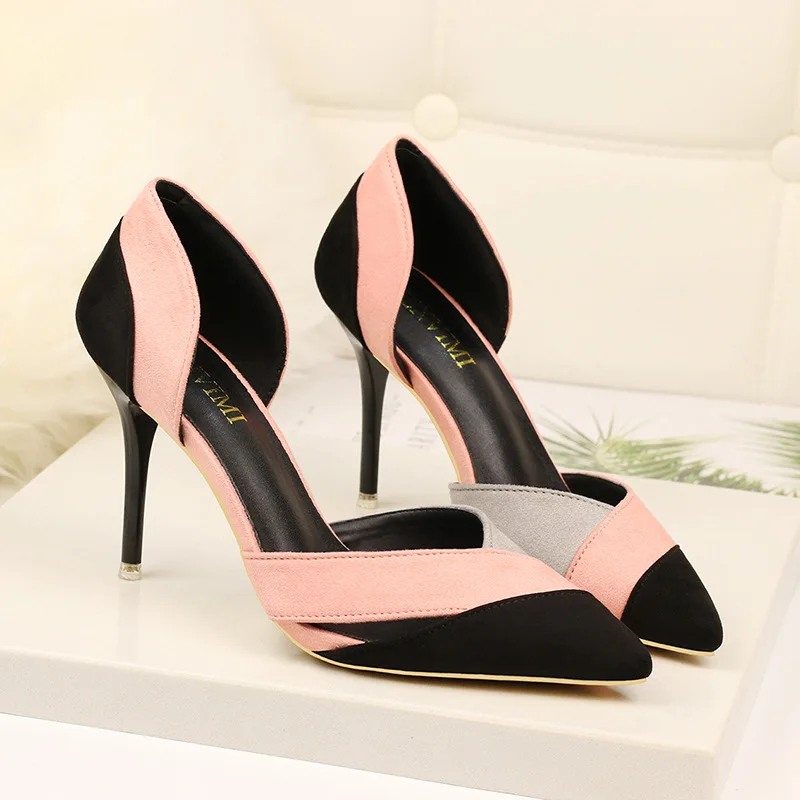 2019 Spring and Summer New Hollow High Heels Fine Tip Toe Spell Color ...