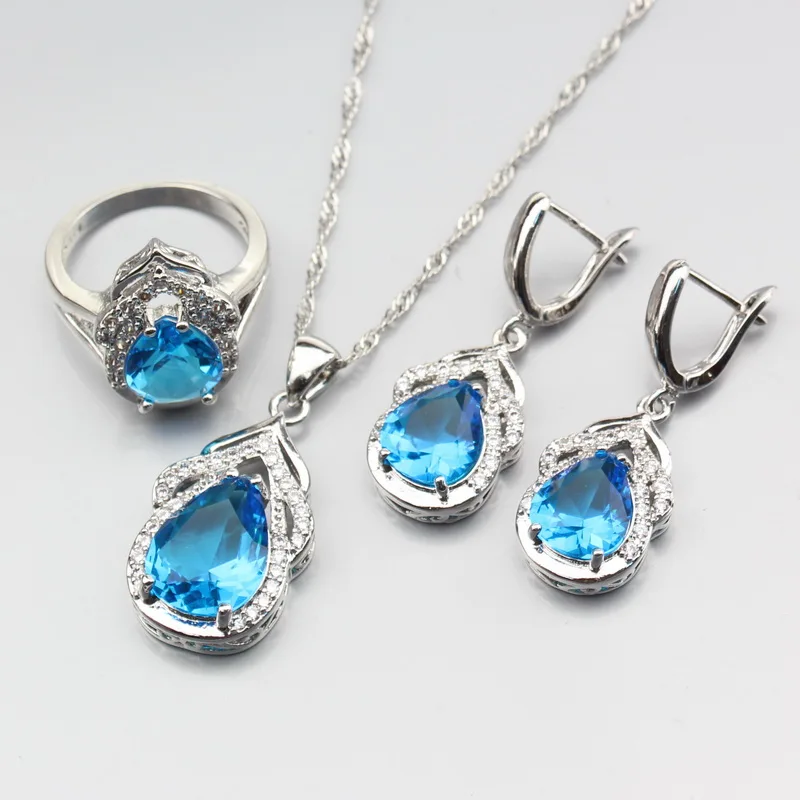 Sweet 925 Silver Water Drop Light Blue Zircon Women Jewelry Set ...