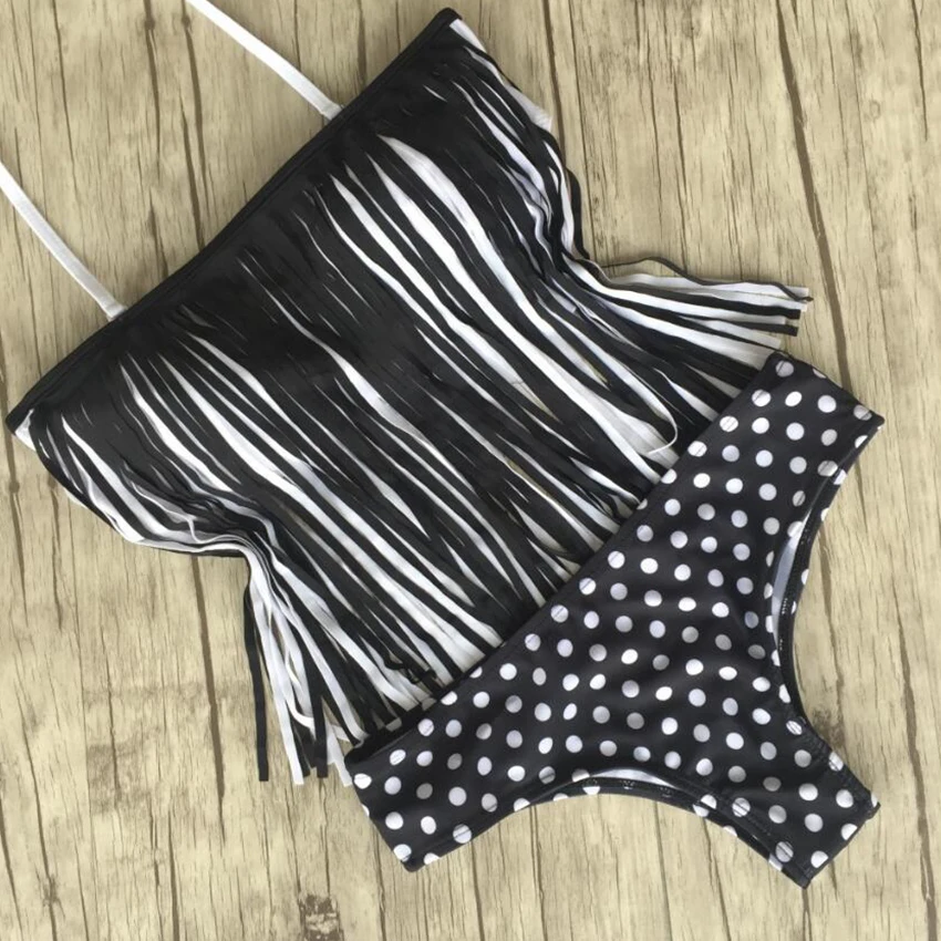 Summer Style Womens Ladies Sexy Fringe Tassel Black Dot Halter Padded