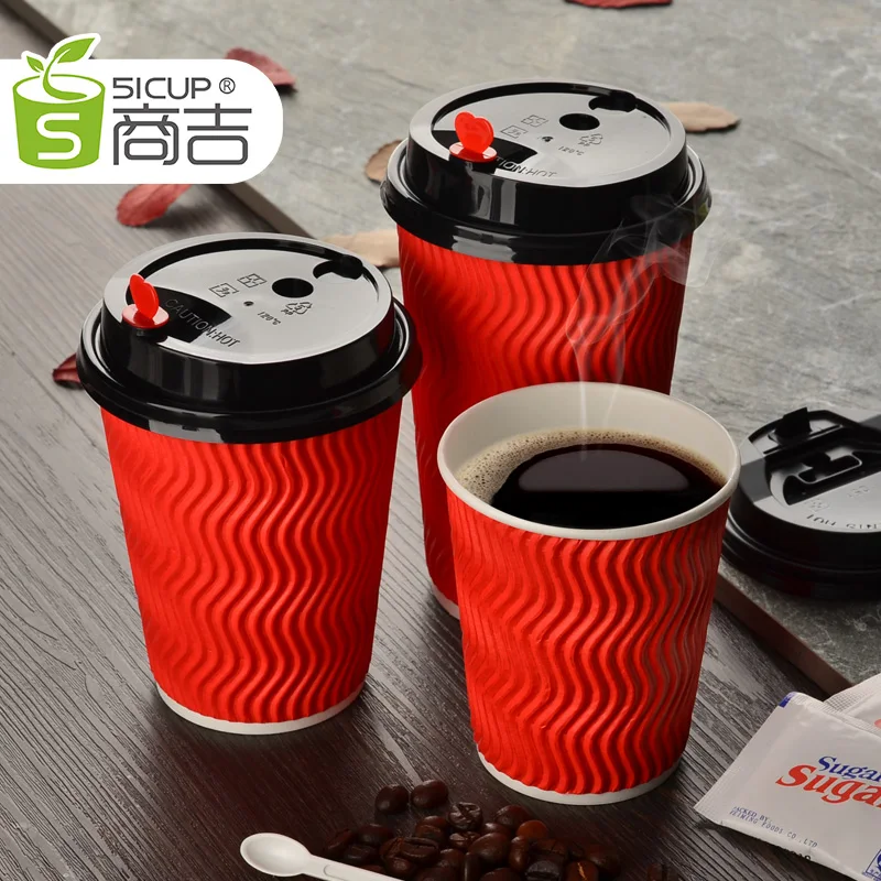 Corrugated Paper Cup With Cover 100Pcs One time Coffee Cup Hot Drink ...