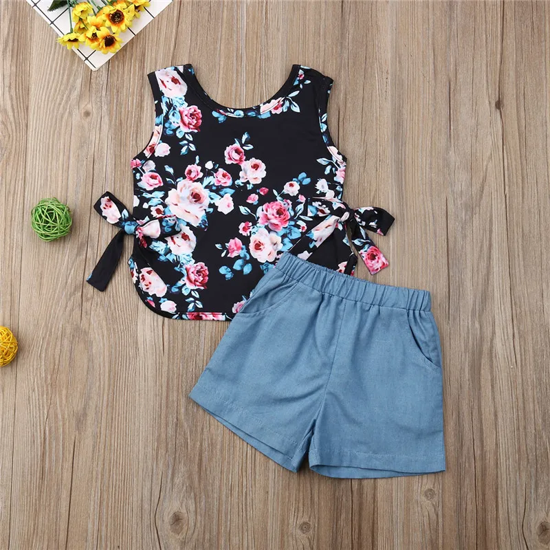 Conjunto de ropa de verano sin mangas cuello redondo Floral Tops cortos ...