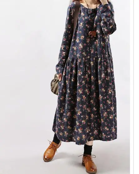 Vestido largo de lino y algodón de estilo coreano para mujer, ropa informal de manga larga con ...